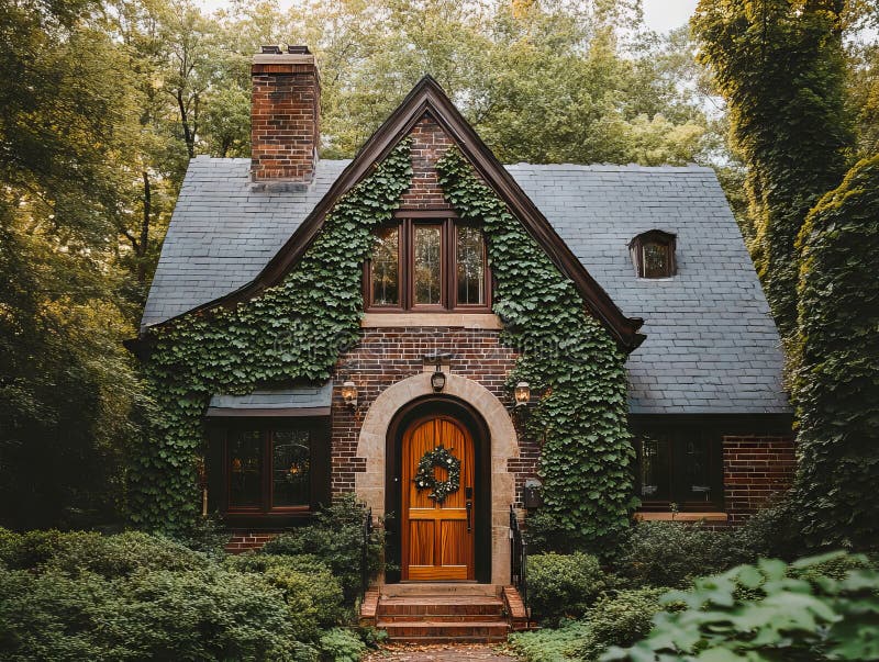 A Brick House with Ivy Growing on the Side of it Stock Image - Image of ...
