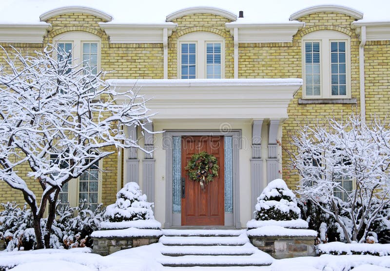 Snow covered steps stock photo. Image of middle, wreath - 136518304