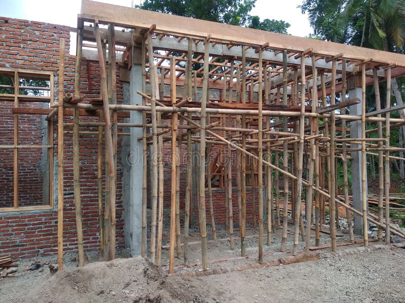 Brick House with Steel Frame and Bamboo Scaffolding Stock Photo - Image ...