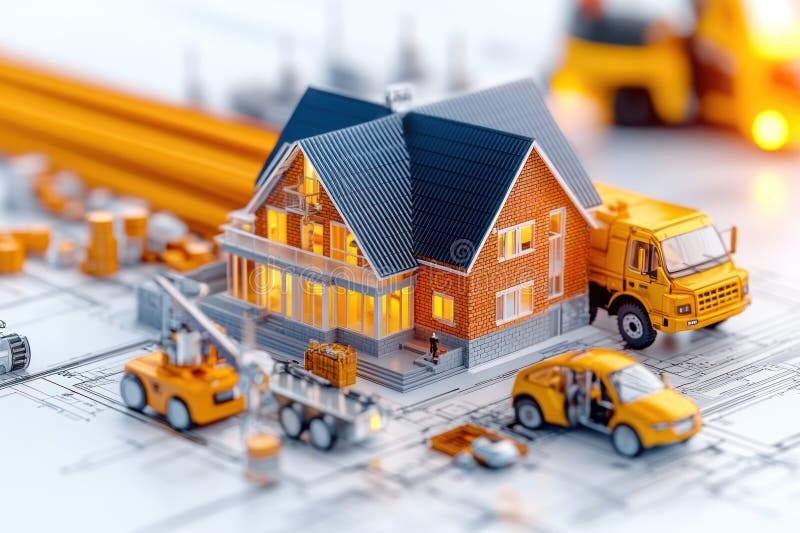 Brick House Under Construction with Blueprint Plans Stock Illustration ...