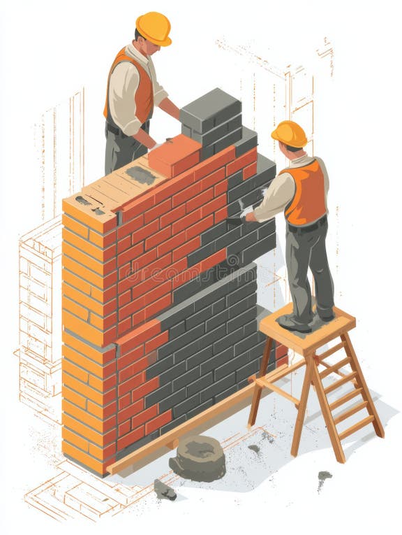 Brick Laying Tutorial Concept Showing Two Workers Constructing a Wall ...