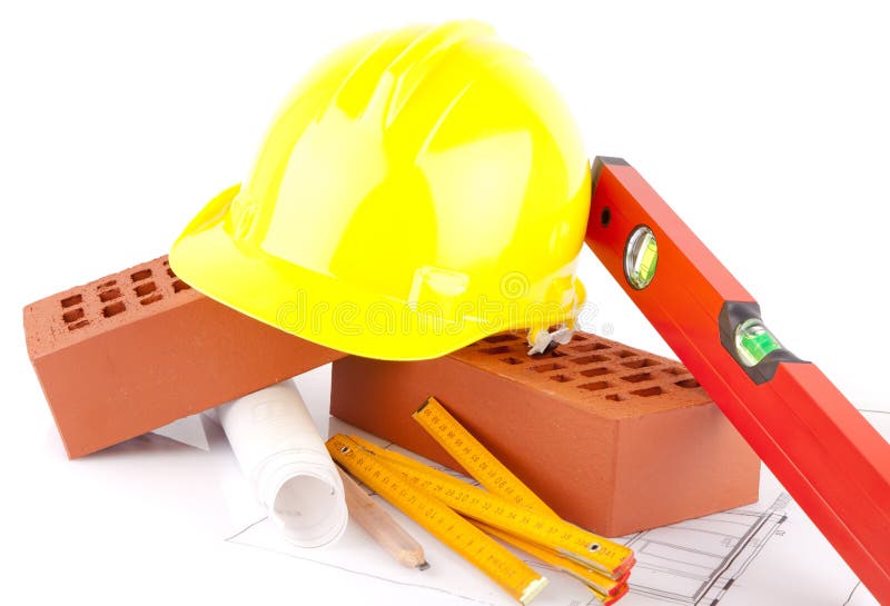Brick and Mason Construction Tools Stock Photo - Image of helmet, line ...