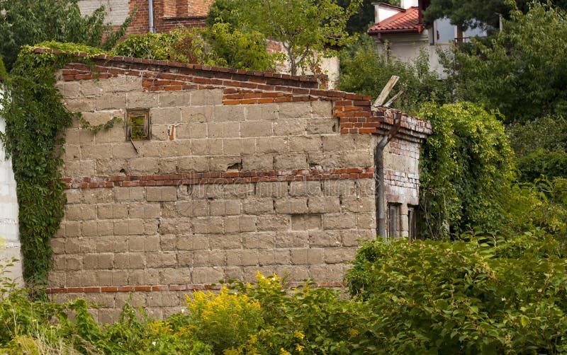Brick Old and Destroyed Building in Lush Greenery . Stock Image - Image ...