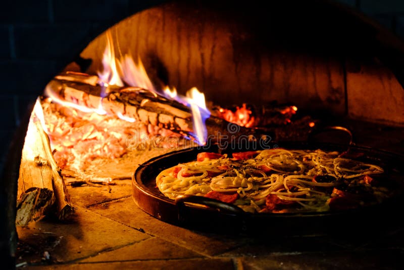 Brick Oven with Hot Pizza Cooking Inside Stock Image - Image of danger ...