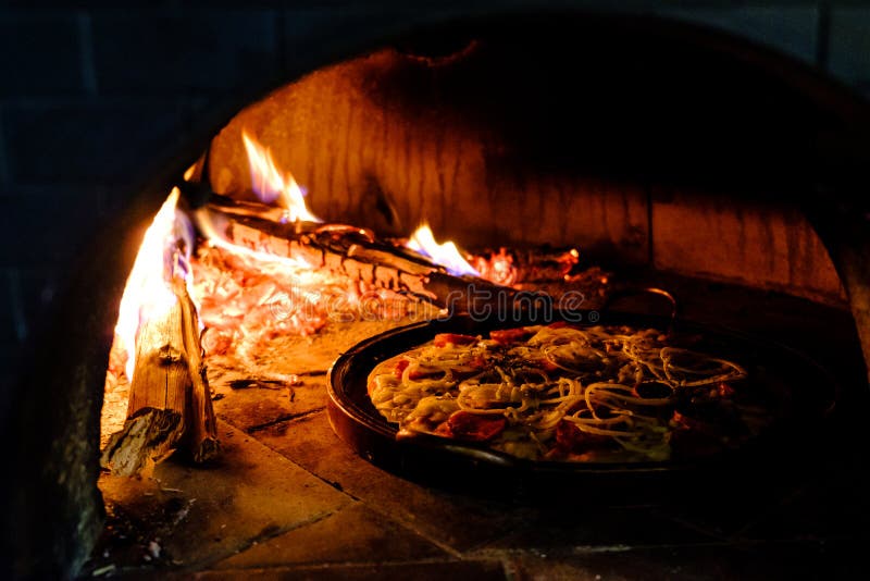Brick Oven with Hot Pizza Cooking Inside Stock Image - Image of danger ...