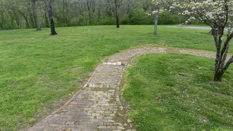 Brick Path through Green Lawn Stock Photo - Image of brick, tree: 120172386