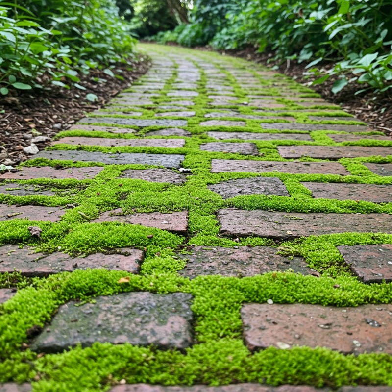 Brick Pathway with Vibrant Green Moss (Bryophyta) Growing between the ...