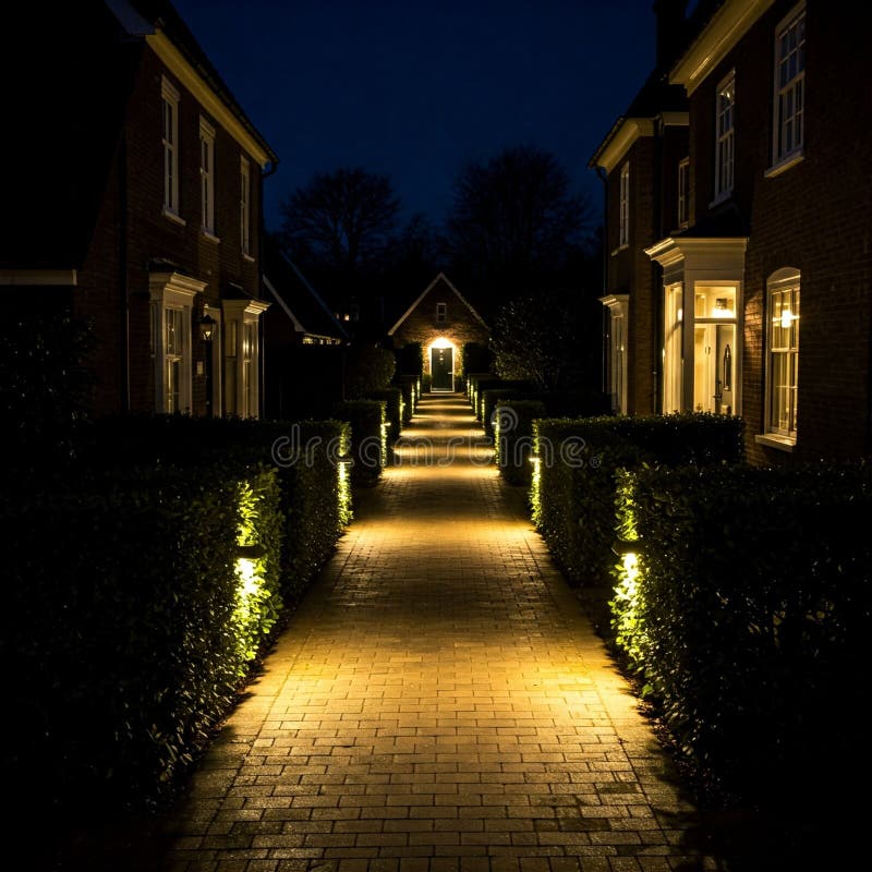 Brick Pathway Warm Lighting Night Residential Generated Ai Stock Photos ...