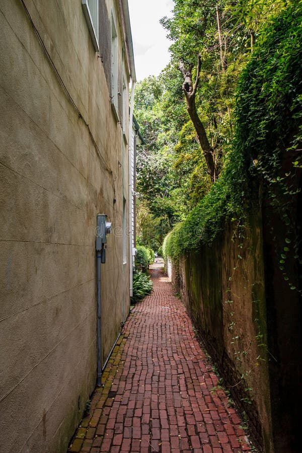Brick Paved Walkway between Walls Stock Photo - Image of sidewalk ...