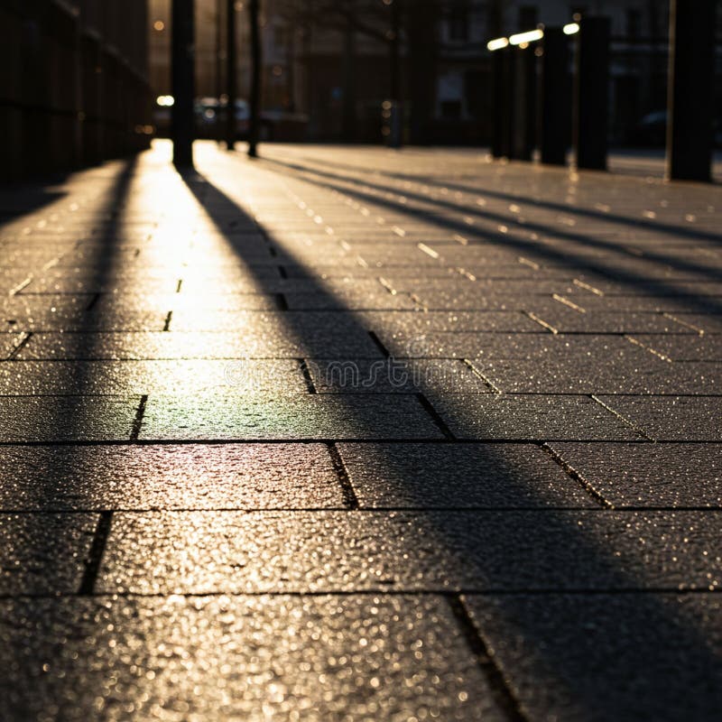 Brick Pavement is Illuminated by Low Sunlight, Casting Long Shadows ...