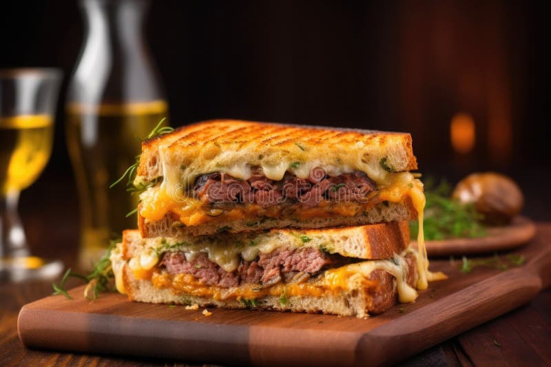Brick-pressed Grilled Meat Sandwich with Cheese Oozing Out Stock Image ...