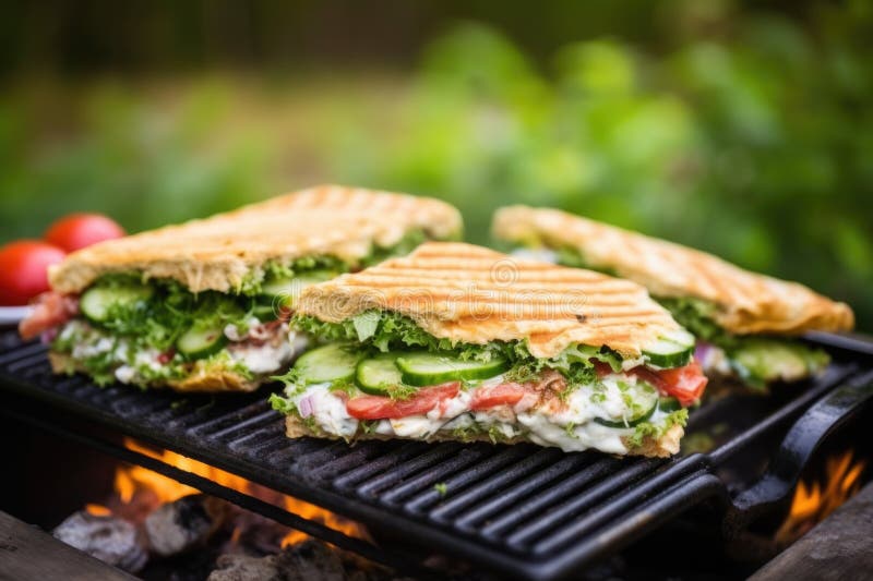 Brick-pressed Packed Sandwich on Bbq Grill Stock Image - Image of ...