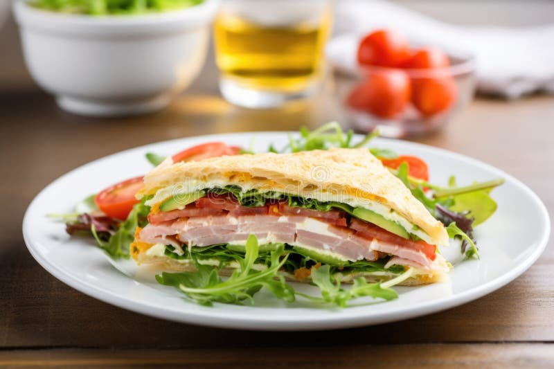 Brick-pressed Sandwich with Salad on Porcelain White Plate Stock Photo ...