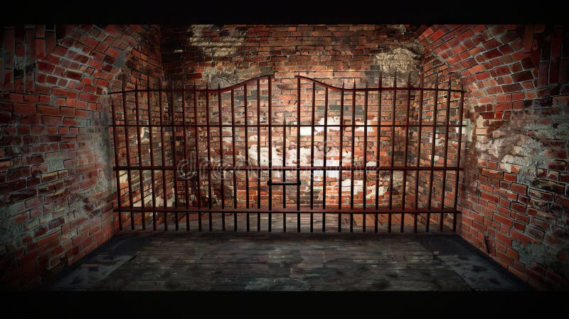 A Brick Prison Cell with Bars on the Wall Stock Image - Image of lock ...