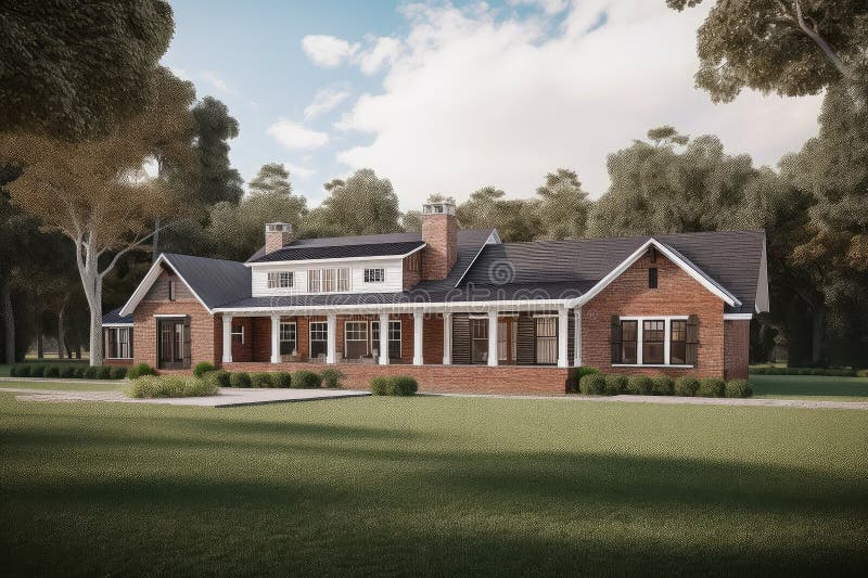 Brick Ranch House with Wrap-around Porch and Hanging Lanterns Stock ...