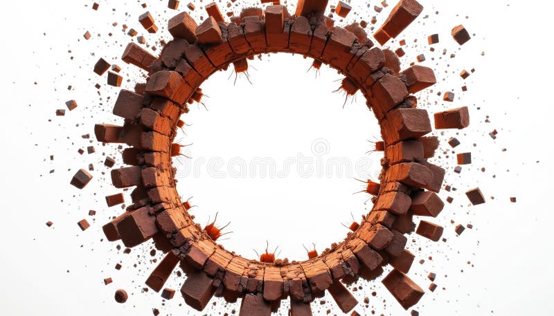 Brick Ring Exploding in Air with Debris. Brown Grunge Flying Bricks ...