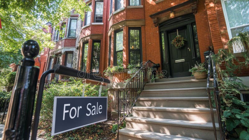 Brick Row House with "for Sale" Sign and Stone Steps Stock Illustration ...