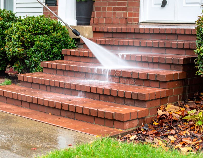 Cleaning Brick Porch Steps with Pressure Washer Stock Illustration ...