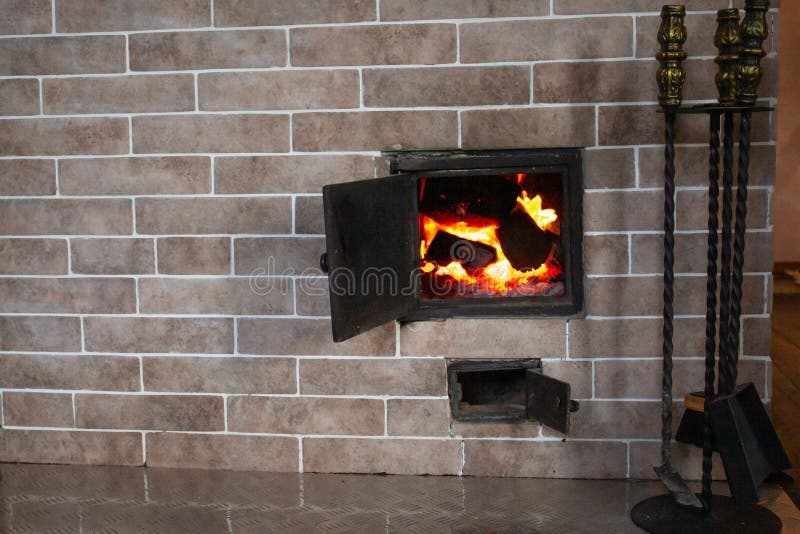 Brick Stove Lined with Clinker Tiles, Open Firebox, Burning Flame Stock ...