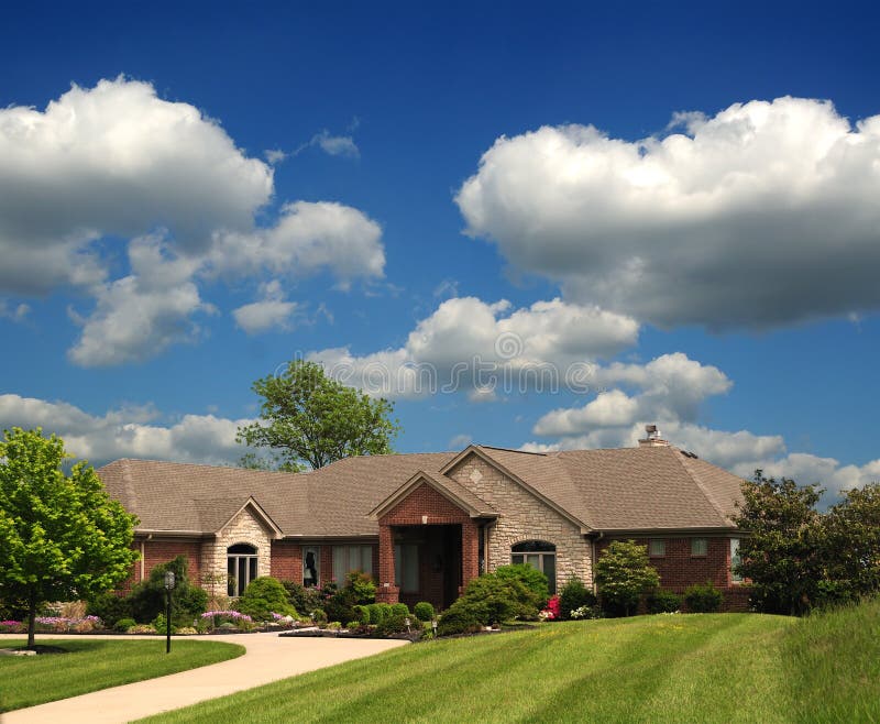 Brick Suburban Ranch Home stock image. Image of realty - 5580401
