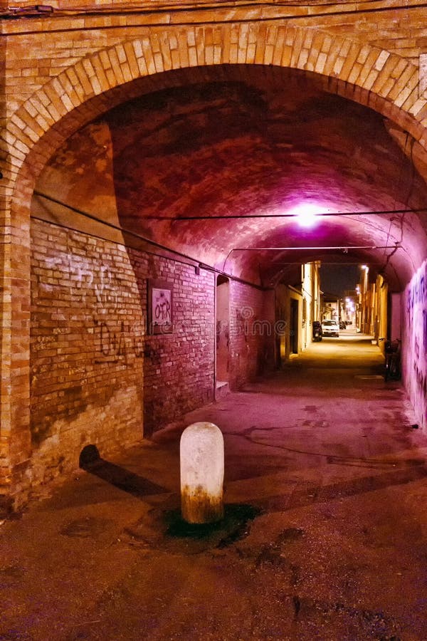 Brick Tunnel with Purple Lights Stock Photo - Image of european ...