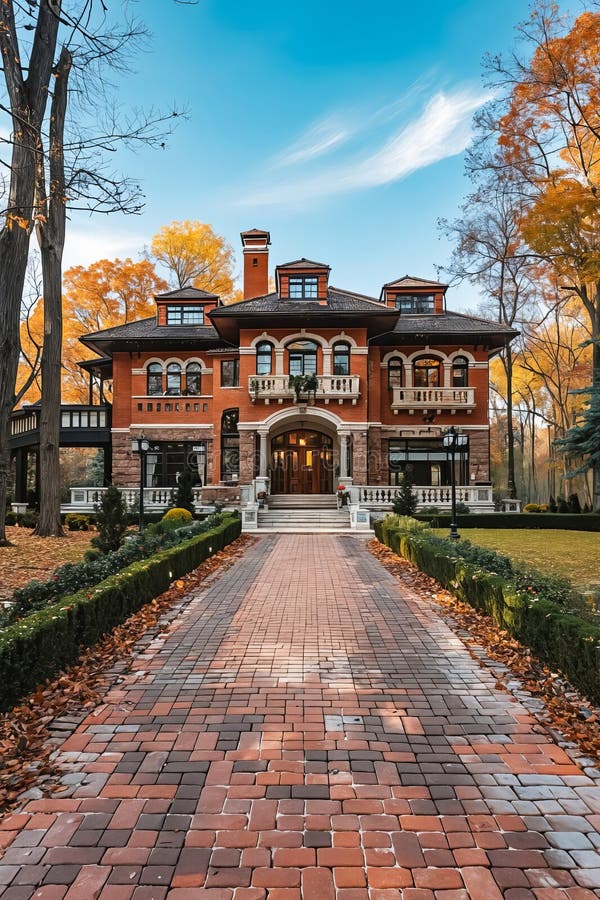 A Brick Walkway Leads To a Large Brick House in the Fall Stock Image ...