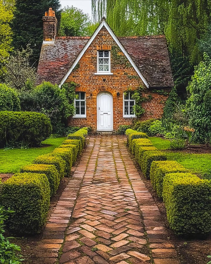 A Brick Walkway Leads To a Small Brick House Surrounded by Hedges Stock ...