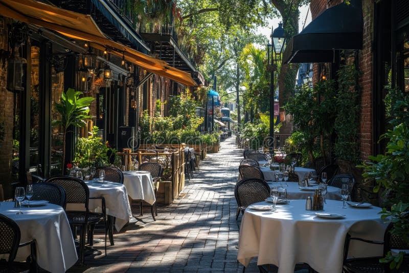 A Brick Walkway with Tables and Chairs Set Up for Diners Stock Photo ...