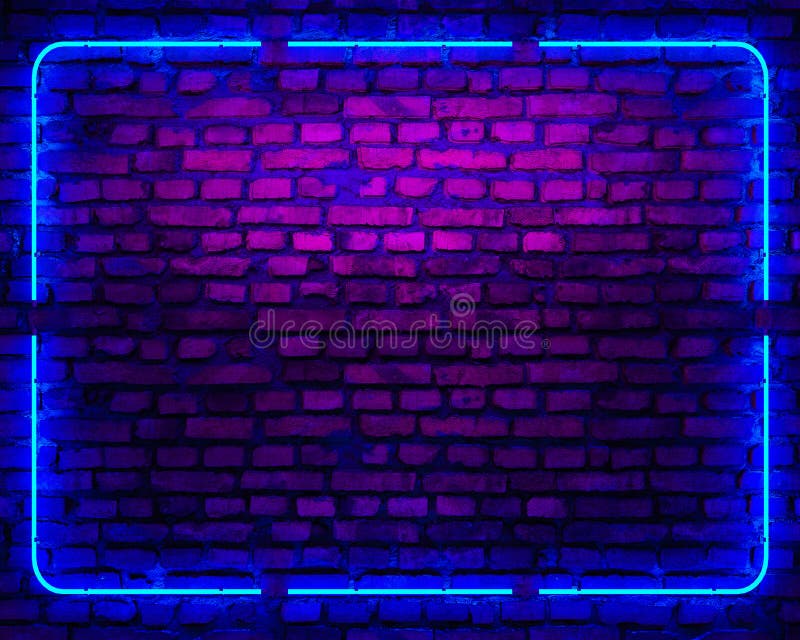 Brick Wall, Background, Blue Light Neon Frame. Neon Room. 3d Render ...