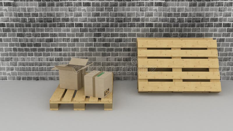 Brick Wall Background with Cardboard Boxes and Pallets Stock ...