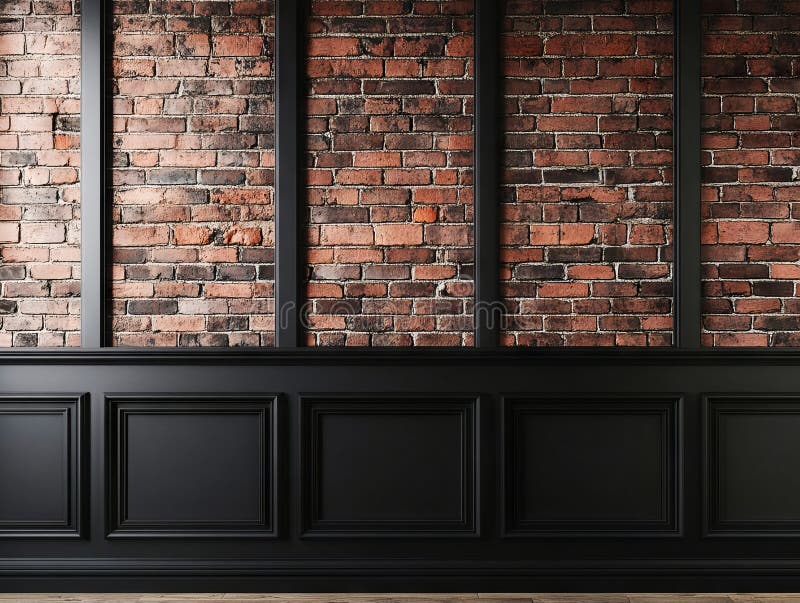 A Brick Wall with Black Paneling and a Wooden Floor Stock Photo - Image ...
