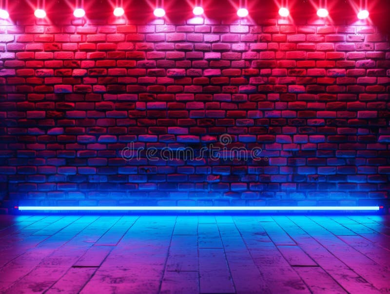 Brick Wall with Blue Neon Light and Red Lighting Stock Illustration ...