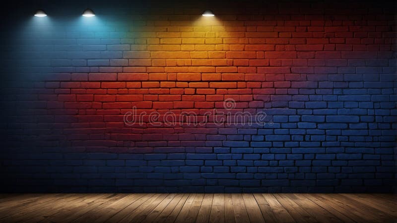 Brick Wall with Blue and Red Gradient Lighting, Wooden Floor in a ...