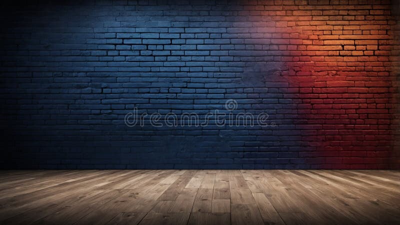 Brick Wall with Blue and Red Gradient Lighting, Wooden Floor in a ...