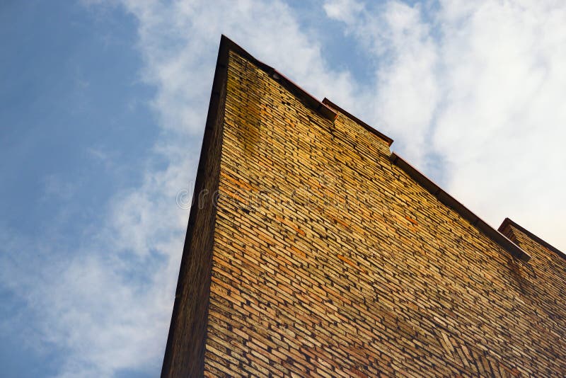 Brick Wall Building Corner Angle on Blue Sky Background Stock Image ...