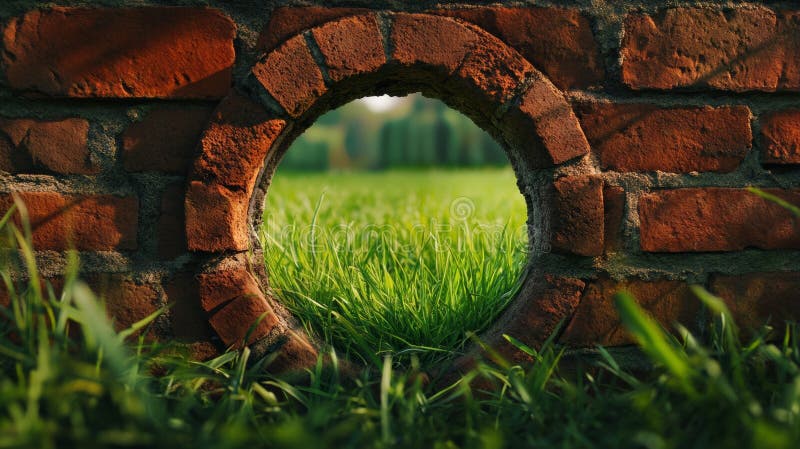 Brick Wall with Circular Opening on Green Grassy Field Stock Image ...