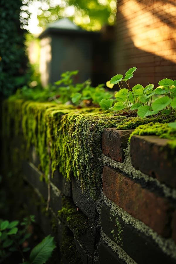 A Brick Wall Covered in Green Moss Next To a Brick Building Stock Photo ...