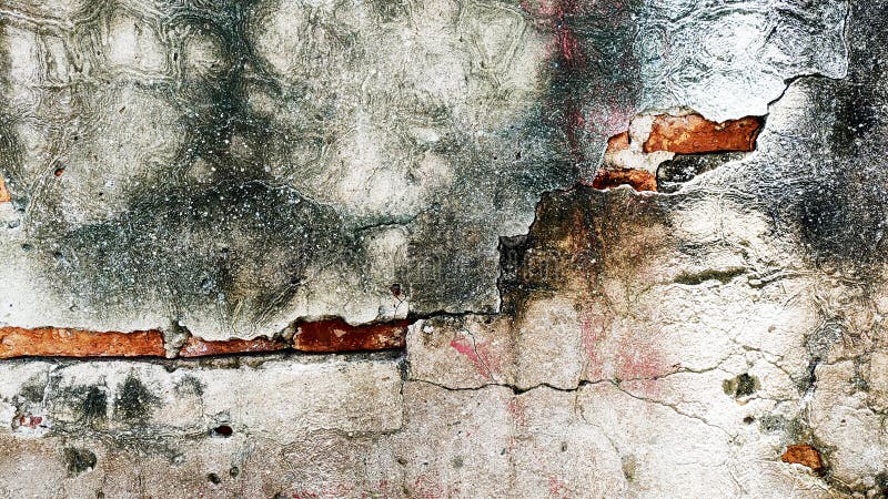 Brick Wall is Damaged Plaster. Background Has Algae Stains and Cracks ...