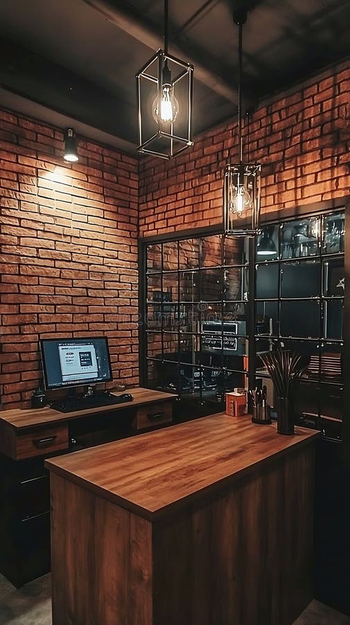 A Brick Wall with a Desk and a Computer Stock Illustration ...