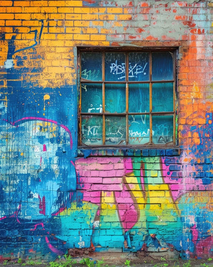 A Graffiti-Adorned Brick Wall with Window Stock Illustration ...