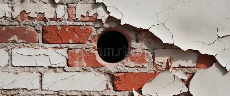 Brick Wall Hole in Cracked White Surface Stock Image - Image of ...