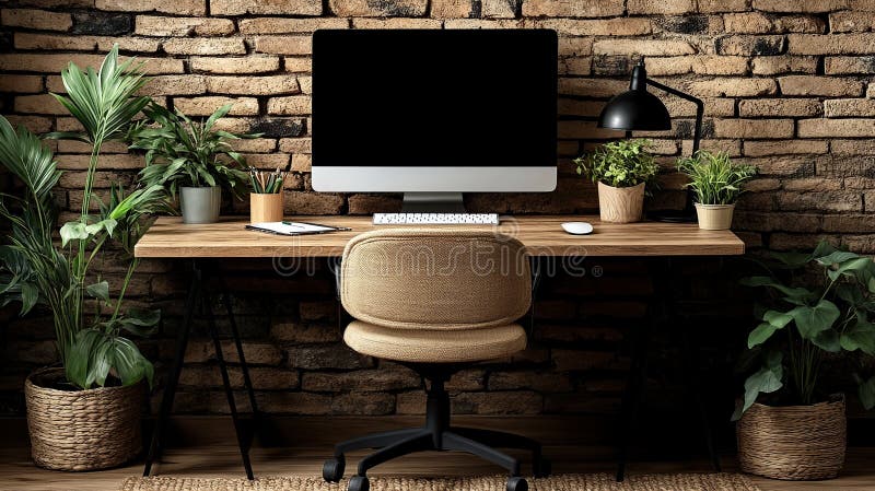 Brick Wall Home Office Desk Computer Plants Stock Illustration ...