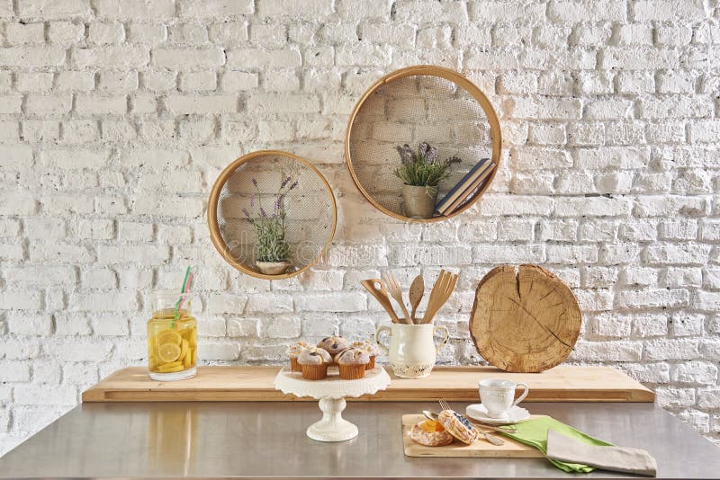 Brick Wall Interior with Round Frame and Table Stock Image - Image of ...