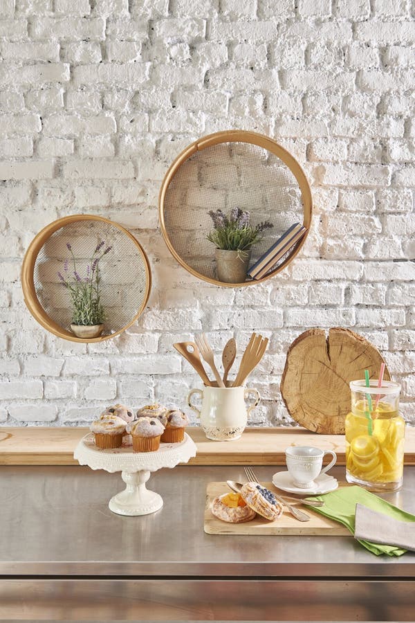 Brick Wall Interior with Round Frame and Table Stock Image - Image of ...