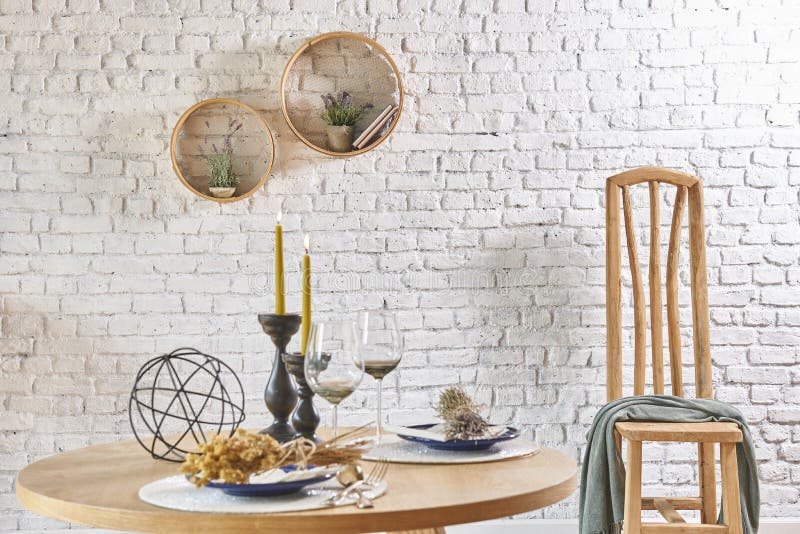 Brick Wall Interior with Round Frame and Table Stock Image - Image of ...