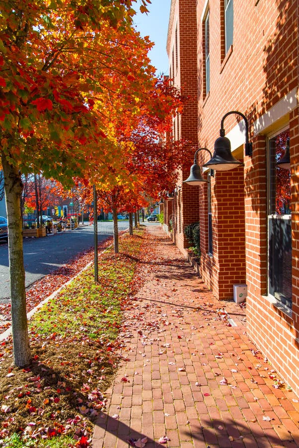 Brick Wall with Lanterns Along the Sidewalk Stock Image - Image of ...