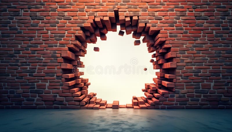 Brick Wall with Large Hole Shows Breakthrough Concept. Damaged Bricks ...