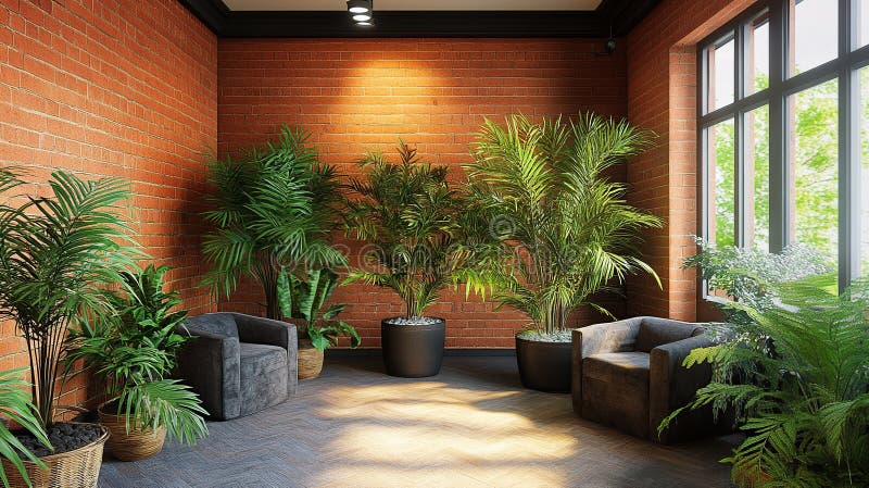Brick Wall Lounge, Plants, Sunlight, Interior Design, Waiting Area ...