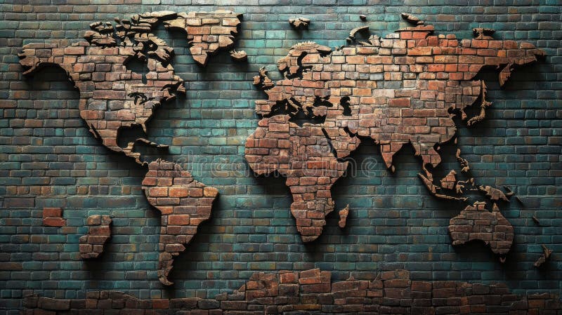 A Brick Wall with a Map of the World on it Stock Illustration ...