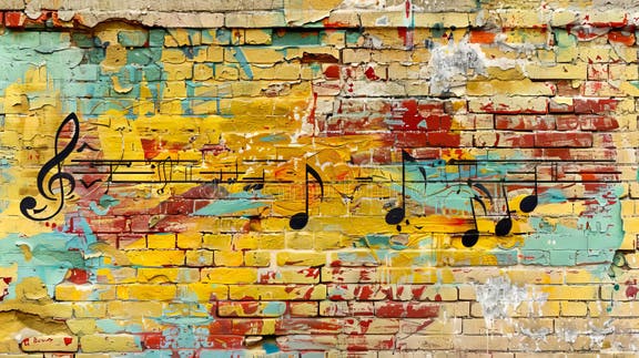 A Brick Wall with Musical Notes Painted on it Stock Image - Image of ...